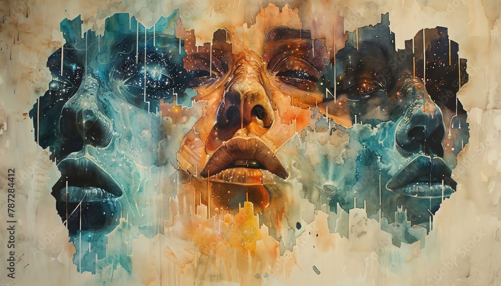 Produce a watercolor painting with a skewed viewpoint portraying a ...