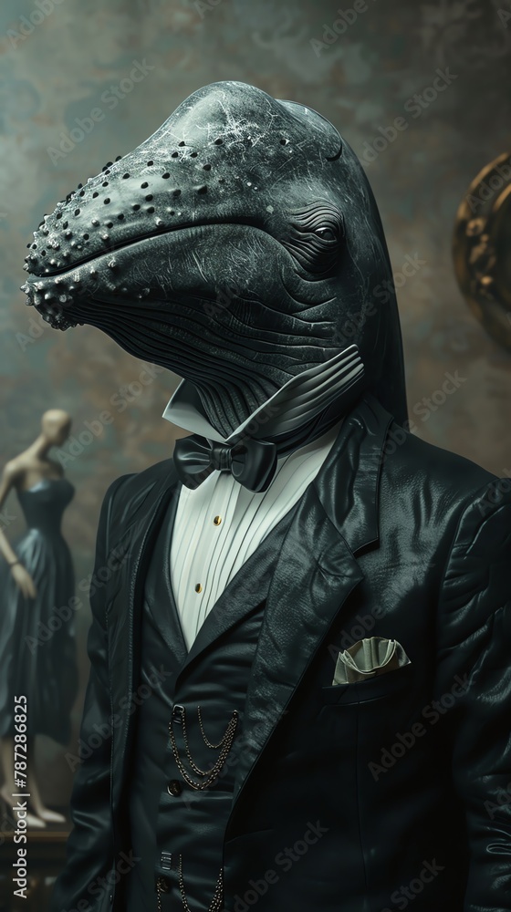 Stockillustratie In photorealistic style, depict a stylish humpback ...