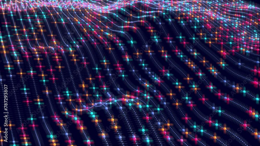 Looped glowing dots, sparkles and waves of grid mesh surface animated ...