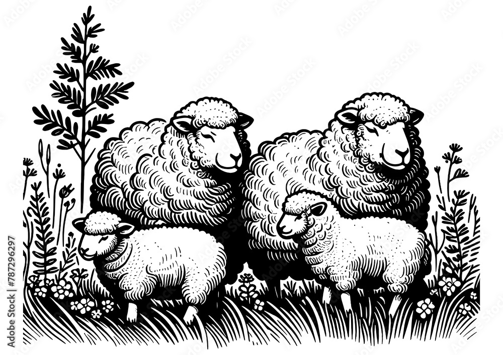 sheep grazing in a meadow field under a bright sun with fluffy clouds ...