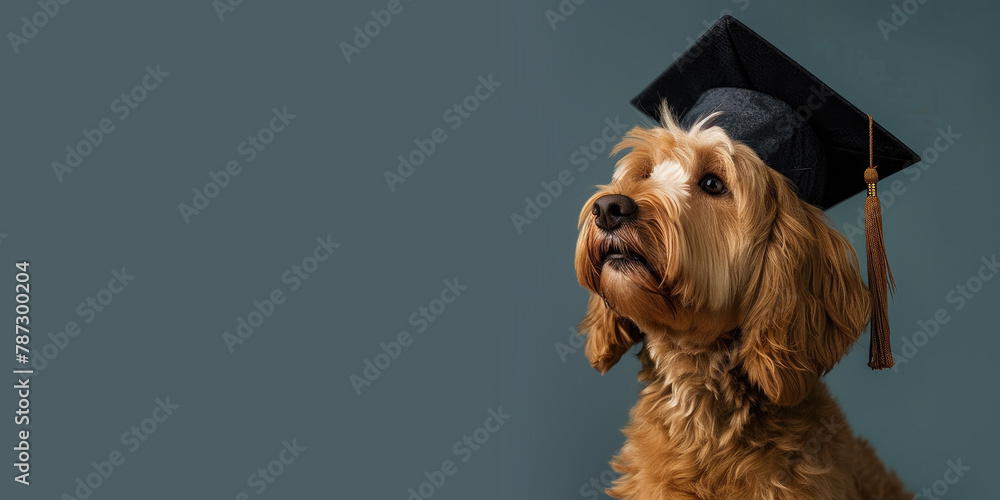 Dog wearing Graduation Cap on a Blue Background with Space for Copy ...