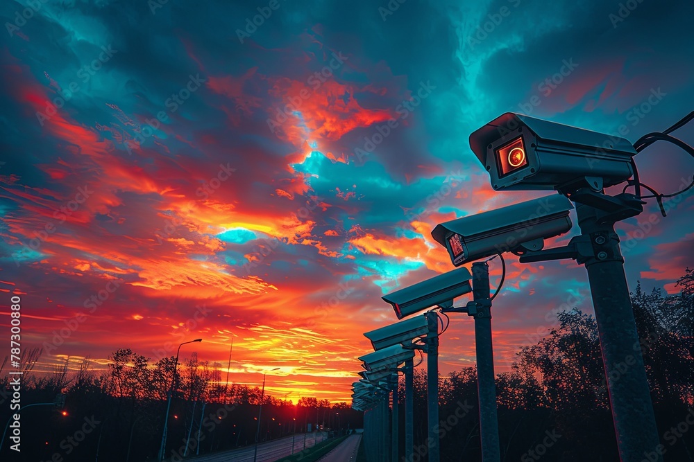 Cctv camera or security system with sunset sky background, silhouette ...