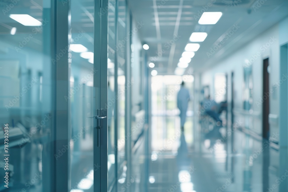 Blurred medical background. Corridor of modern hospital with doctors ...