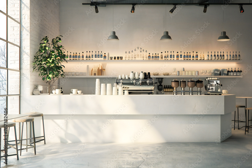 Interior of a modern coffee house in Minimalist style with a bar ...