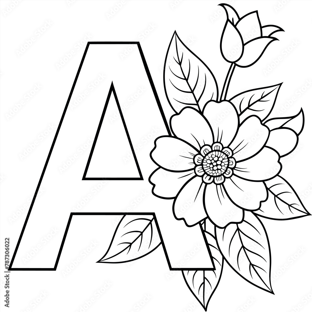 Alphabet A coloring page with the flower, A letter digital outline ...