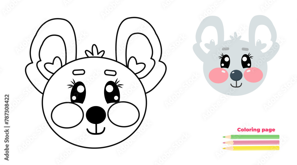 Cute outline grey mouse face, head. Coloring page illustration for kids ...
