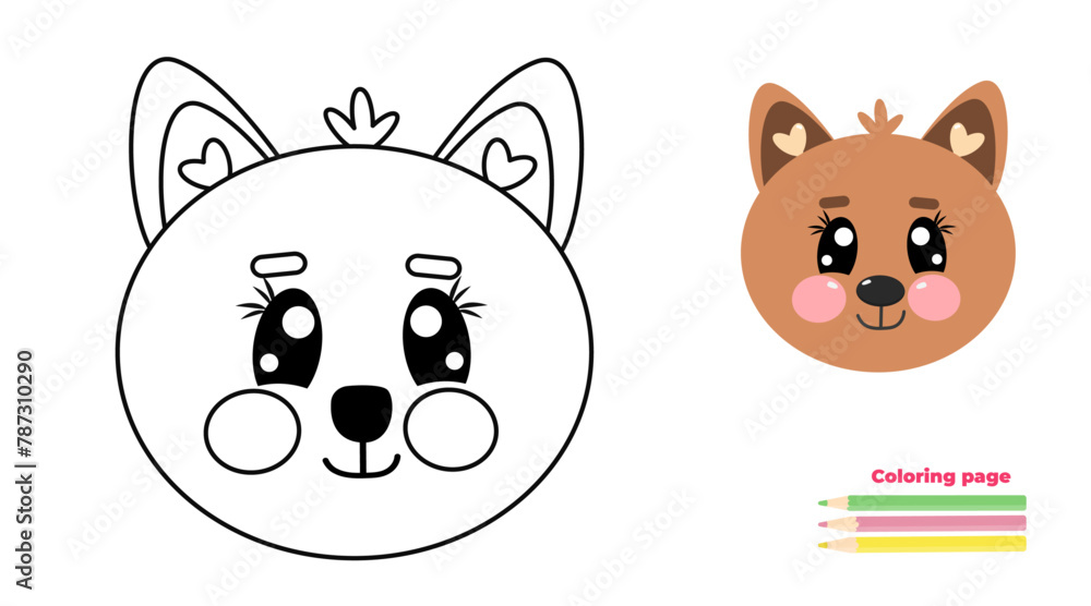 Kawaii cute outline cat, kitten face, head. Coloring page illustration ...