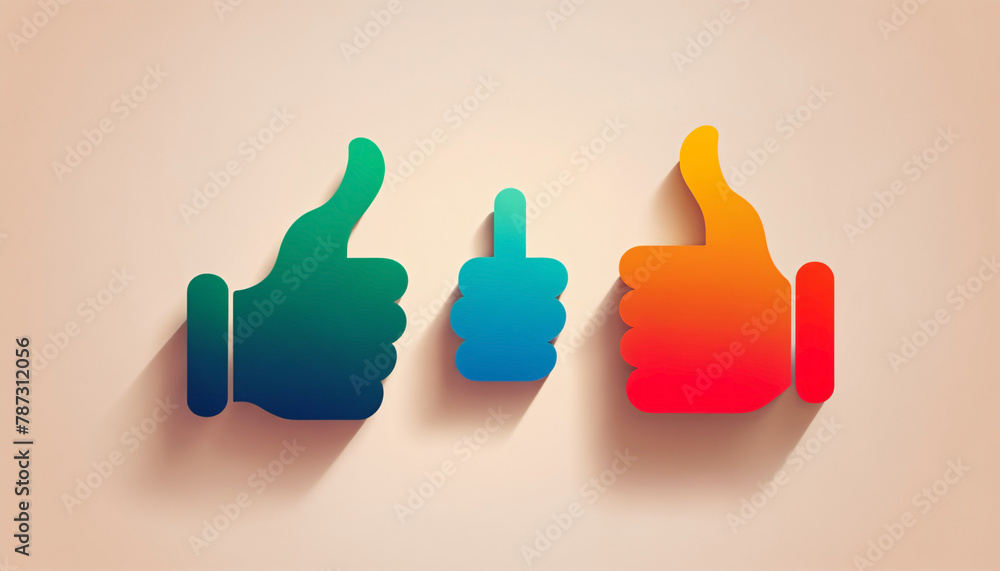 a pair of thumbs up paper cutouts on a wall with a shadow of a hand and ...