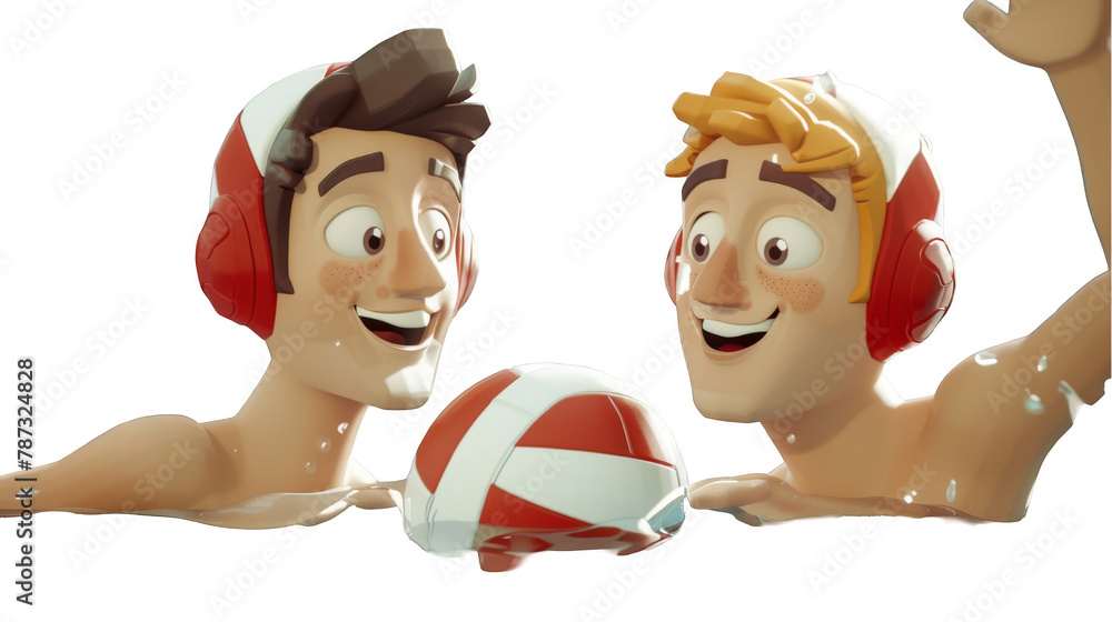 two cartoon characters in a pool playing with a ball. transparent ...