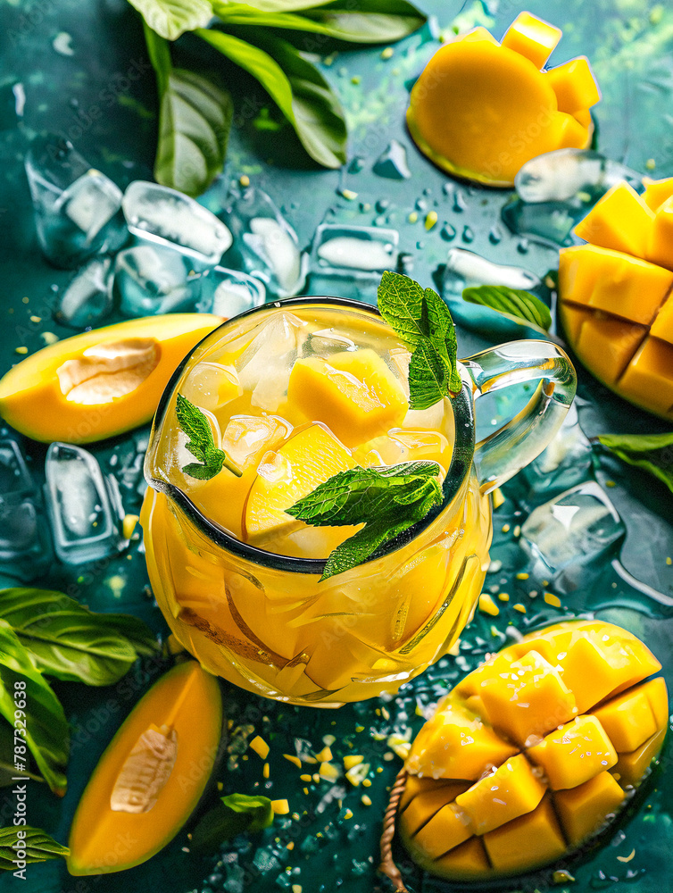 Refreshing Mango Mojito Mocktail served in a tall glass with garnishes of fresh mint leaves and ...