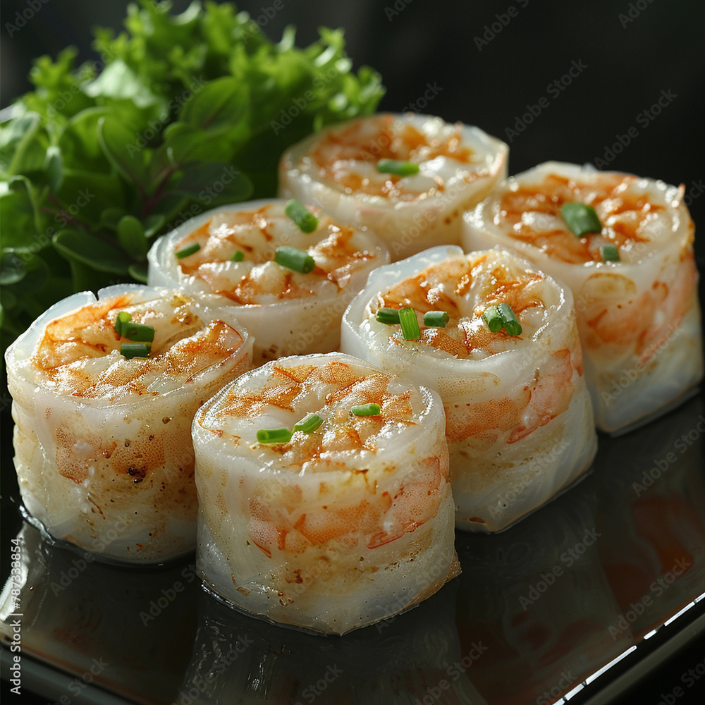 fresh spring rolls with shrimp, lettuce, and vermicelli is formed by ...