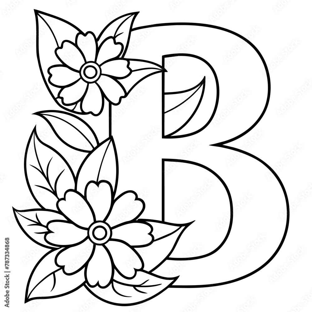 Alphabet B coloring page with the flower, B letter digital outline ...