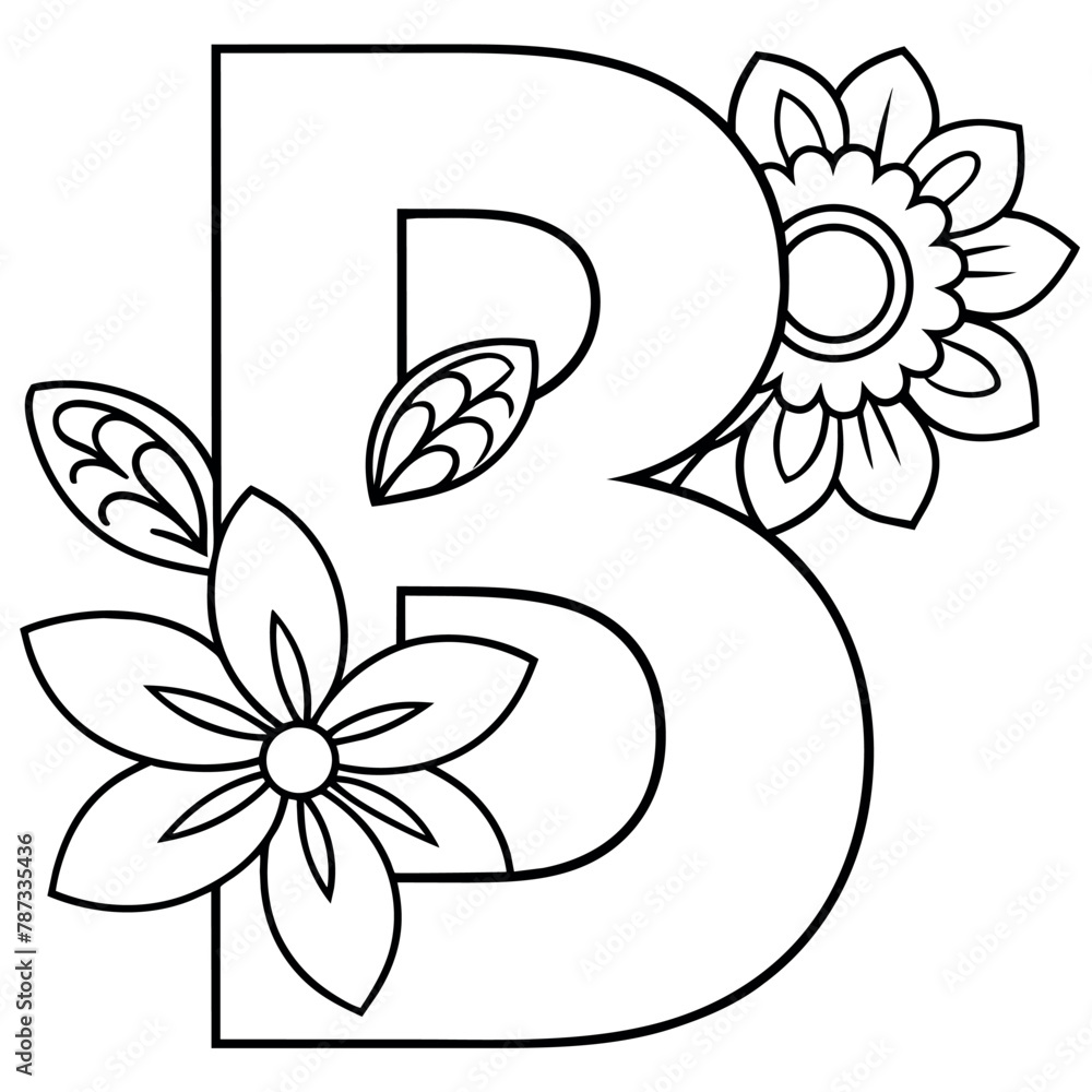 Alphabet B coloring page with the flower, B letter digital outline ...