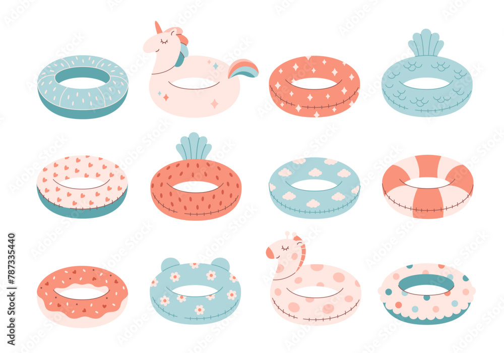 Set of Inflatable Swimming Rings. Rubber rings. Summer beach vacation ...