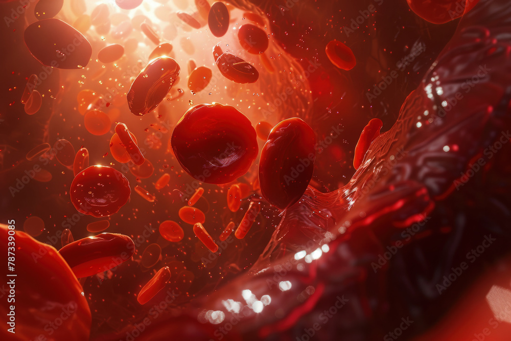High-resolution close-up of red blood cells in an artery, detailed ...