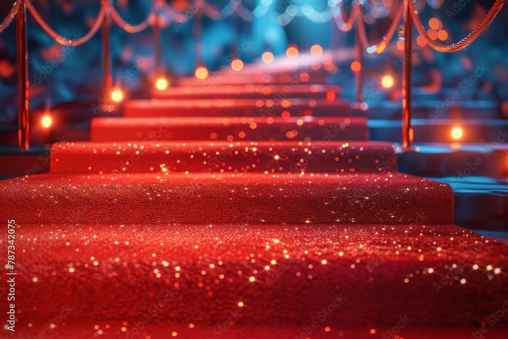 An alluring scene of a red carpet event entrance with sparkling lights ...