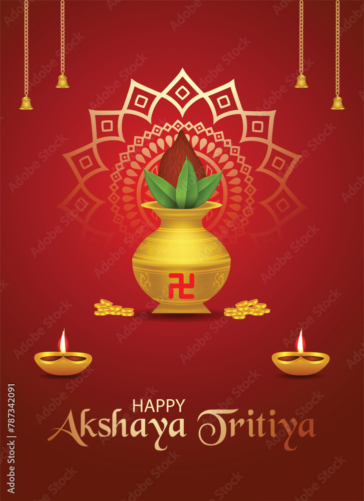 happy Akshaya Tritiya also known as Akti or Akha Teej vector poster golden kalash with coconut ...