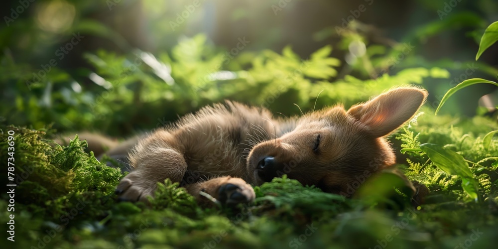 An adorable puppy is captured napping blissfully in a sun-drenched ...