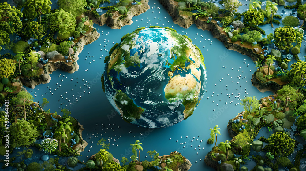 Ecosystem concept featuring a globe surrounded by interconnected ...