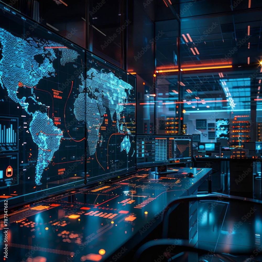 A computer monitor displays a map of the world with a blue background ...