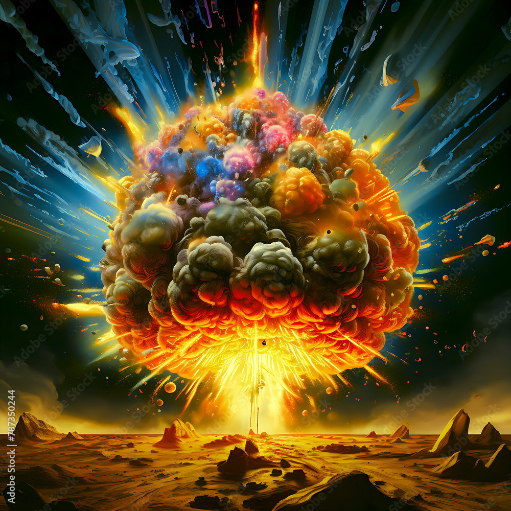 Nuclear explosion with mushroom colorful cloud over desert landscape ...