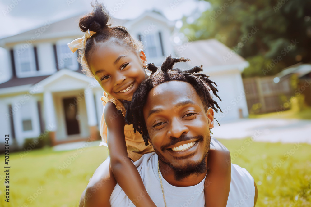 Cheerful father giving his happy daughter a piggyback ride in their ...
