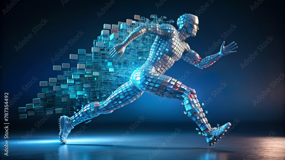A human figure composed of digital squares is depicted in a running ...