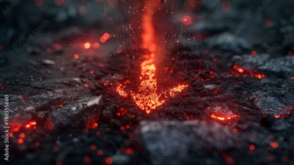 A red arrow composed of glowing embers rising from a bonfire ...