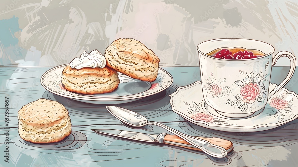 Set of traditional British cream tea with teapot, a cup of tea on a ...