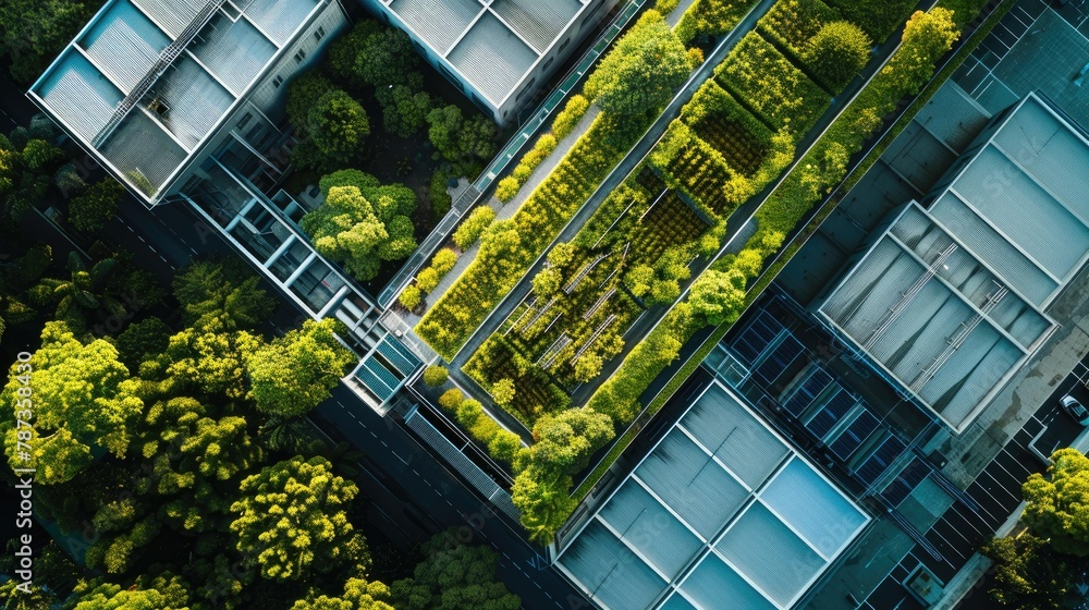 Eco-friendly building in modern factory and industrial zone, drone ...