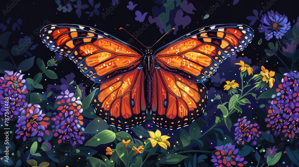 Illustrate the delicate beauty of a fluttering monarch butterfly in a ...