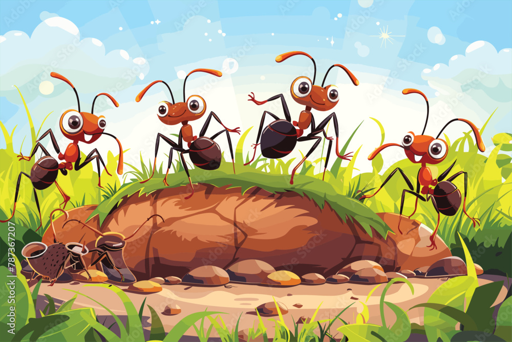 Cartoon ants colony and ant hill, Cartoon ants in the ant hill, Cartoon ...