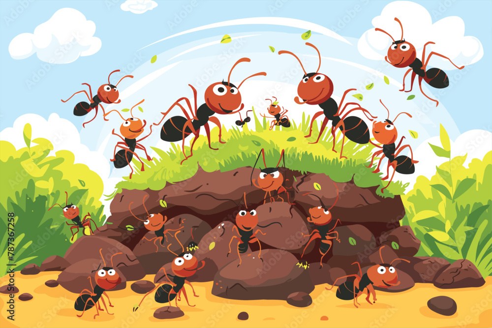 Cartoon ants colony and ant hill, Cartoon ants in the ant hill, Cartoon ...