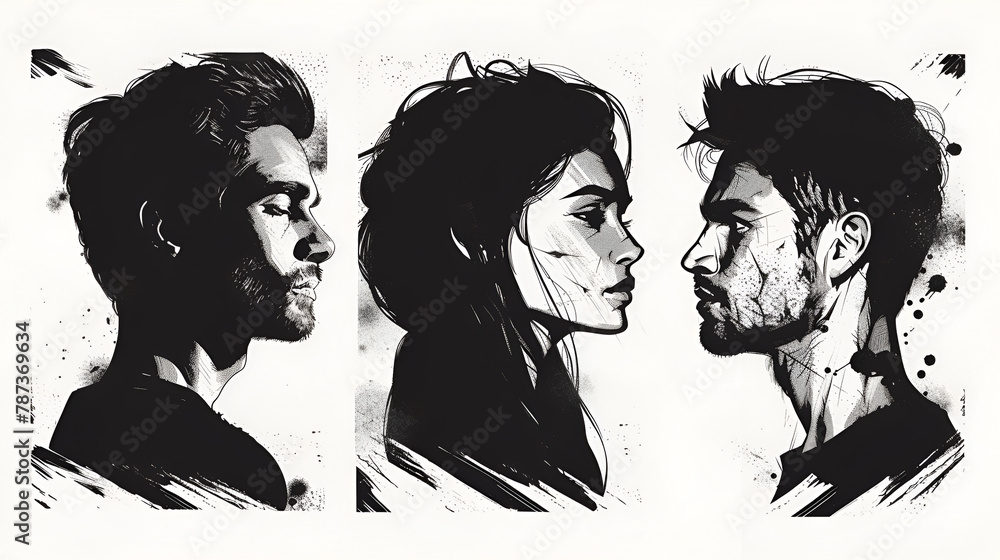 Set of 3 human vector faces in female profile, generative Ai Stock ...