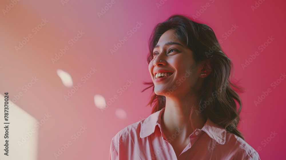 Beautiful smiling millennial indian woman stand indoors look aside in ...