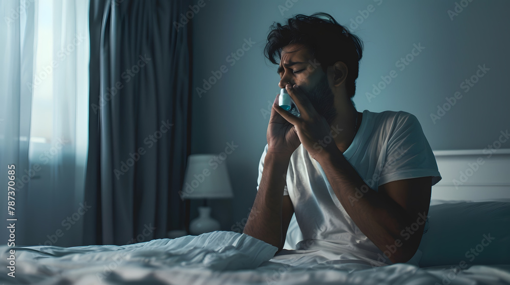 Indian guy suffering from asthma using inhaler in bed side view copy ...