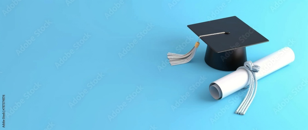 graduation cap and diploma on blue background for education concept ...