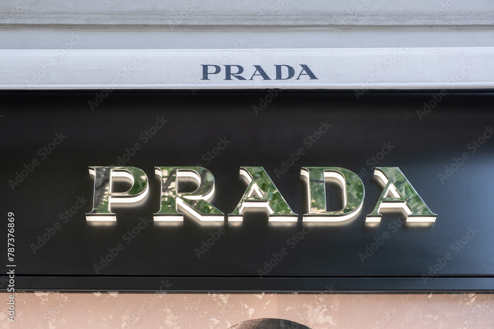 Prague, CZ -16.4.2024: Prada sign logo adorns the wall above the ...
