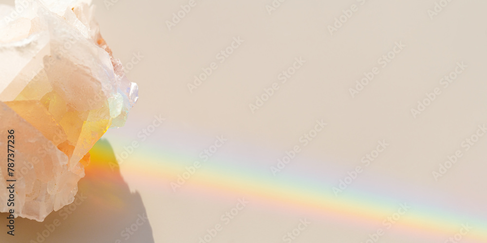 Quartz Prism's Rainbow Reflection at sunlight, close up of clear quartz ...