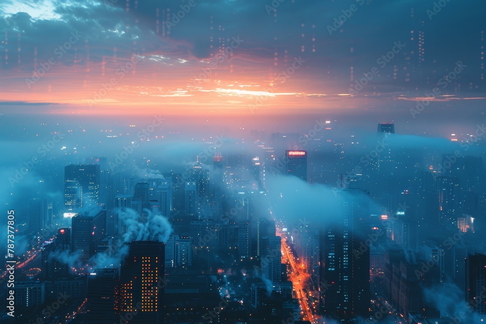 A high-rise view of the city with visible layers of PM 2.5 pollution ...