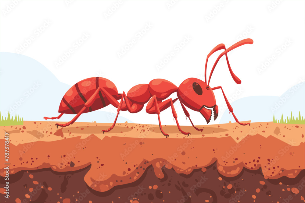 Cartoon ants colony and ant hill. red color ant in the ant hill ...