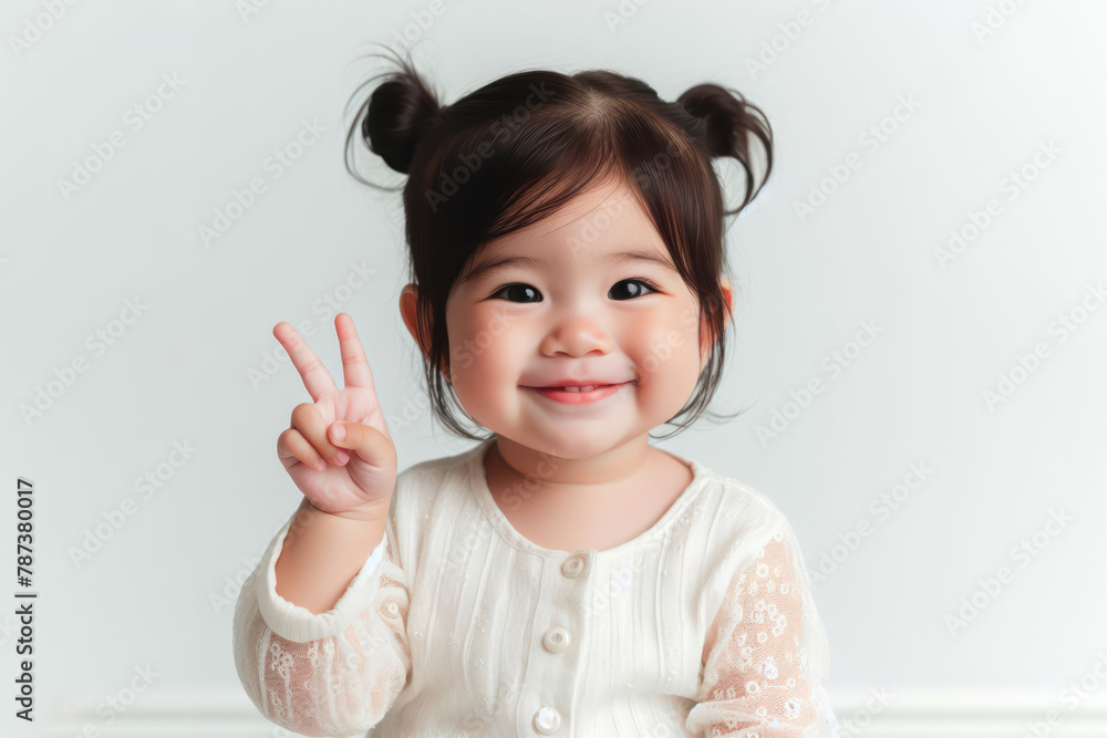 Little baby with a smiling happy face shows a peace sign with her ...