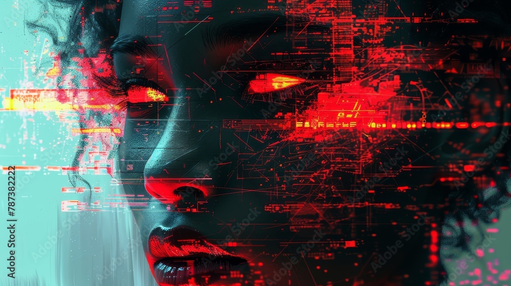 A woman's face is shown in a distorted, pixelated way. The image is a ...