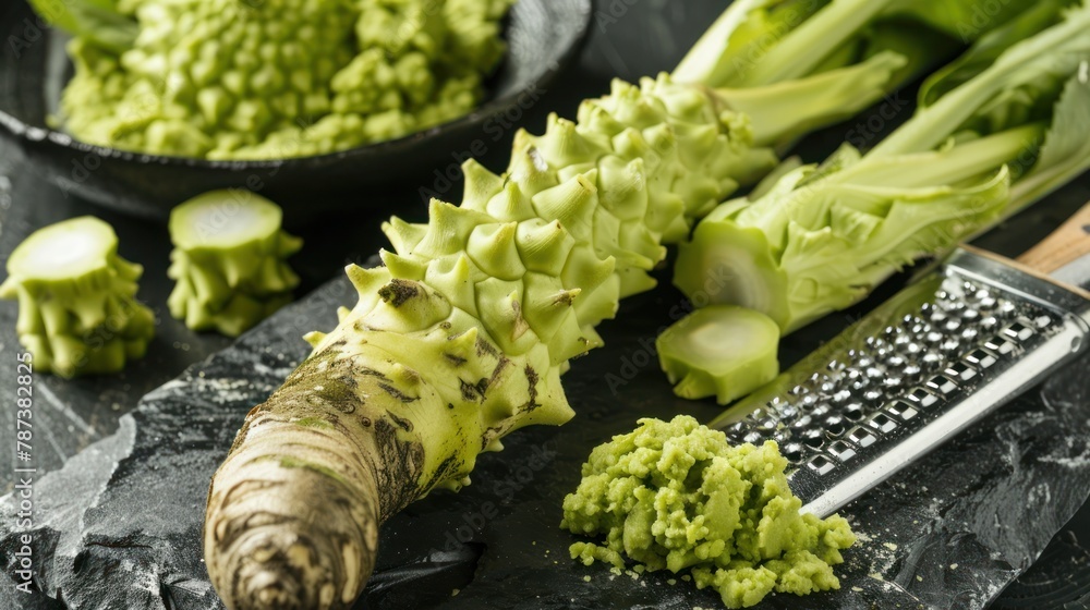 Wasabi root, alongside a traditional sharkskin grater, ready to be ...