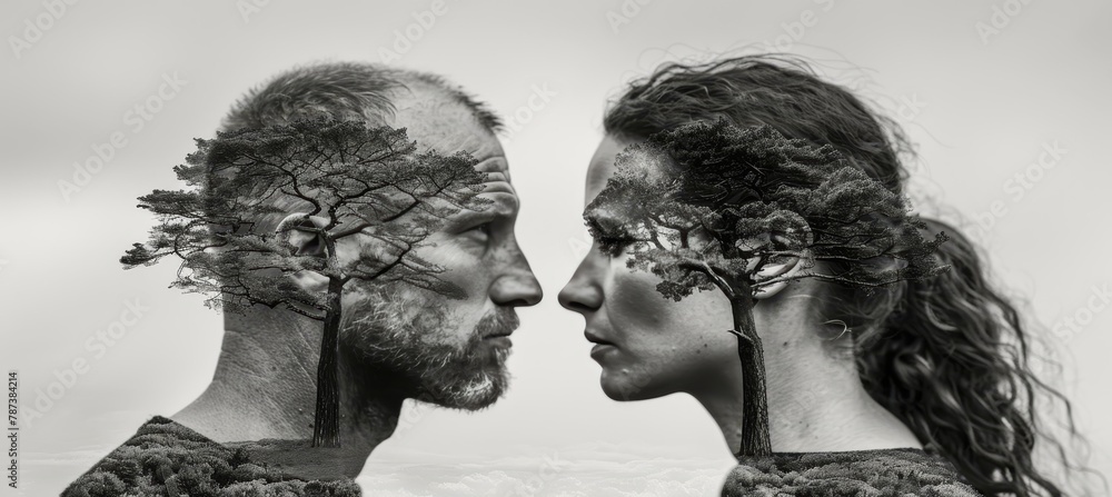 Double exposure portrait combining woman and man s faces for a striking ...