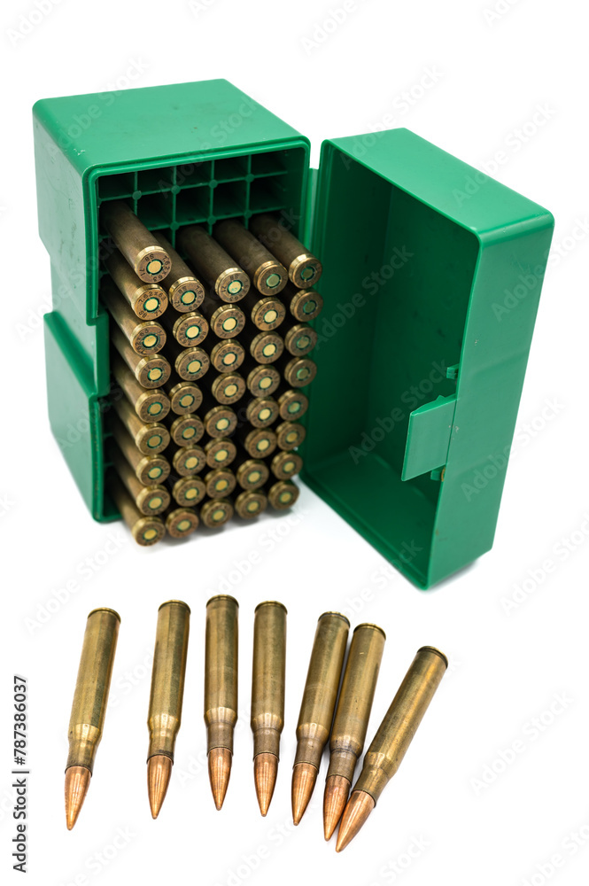 Detail of a plastic box with 30-06 Springfield caliber or 7.62 x 63 war ...