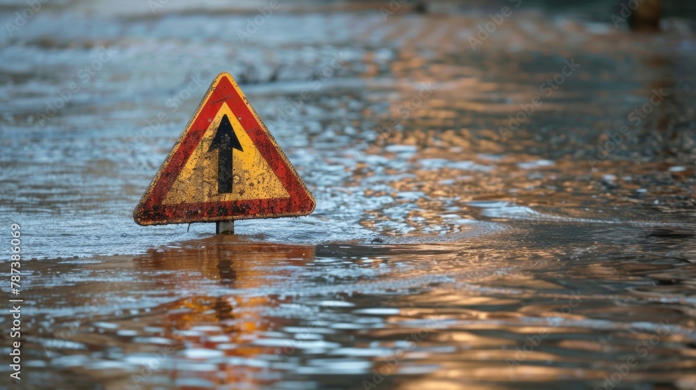 Closeup of a flood warning sign submerged in rising water levels a ...