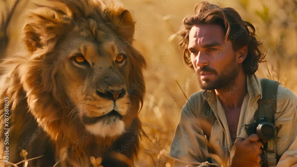 Lion and man in zoo: Majestic wildlife portrait of the king of the ...