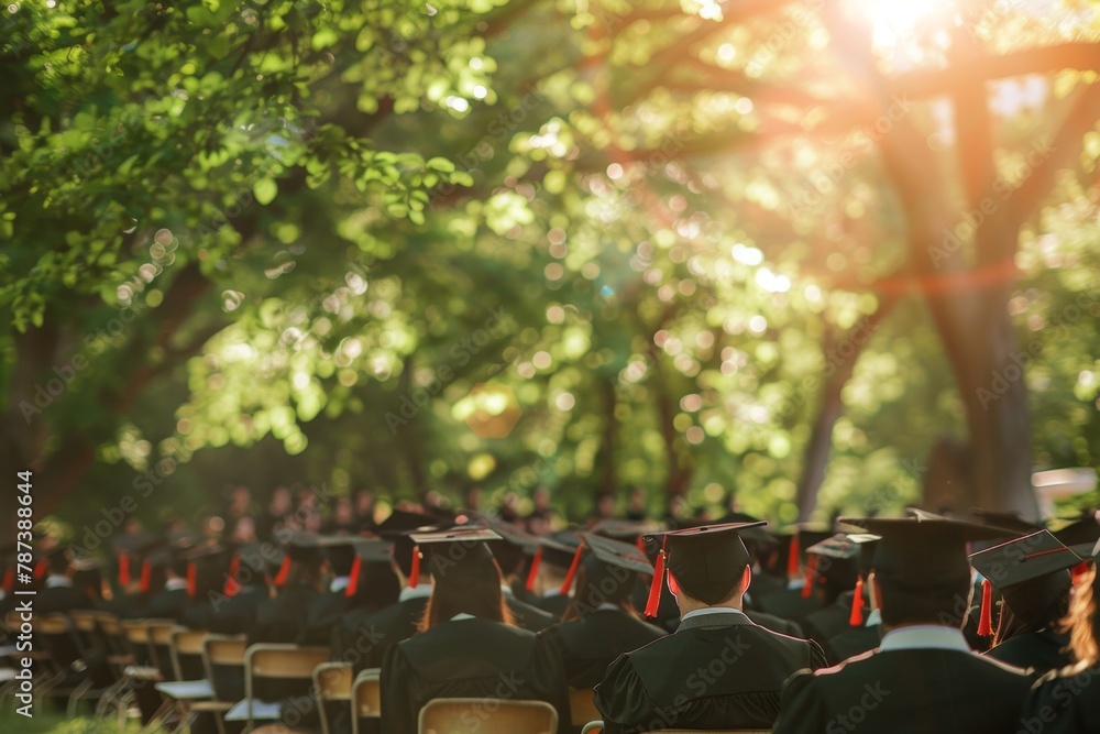 The blurred background of the graduation ceremony features many ...