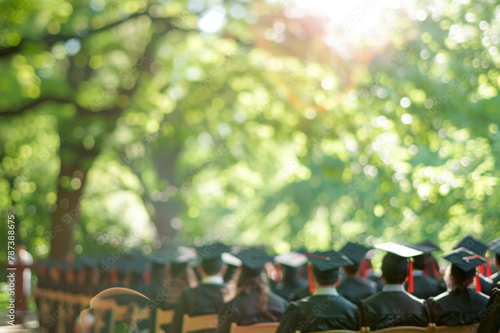 The blurred background of the graduation ceremony features many ...